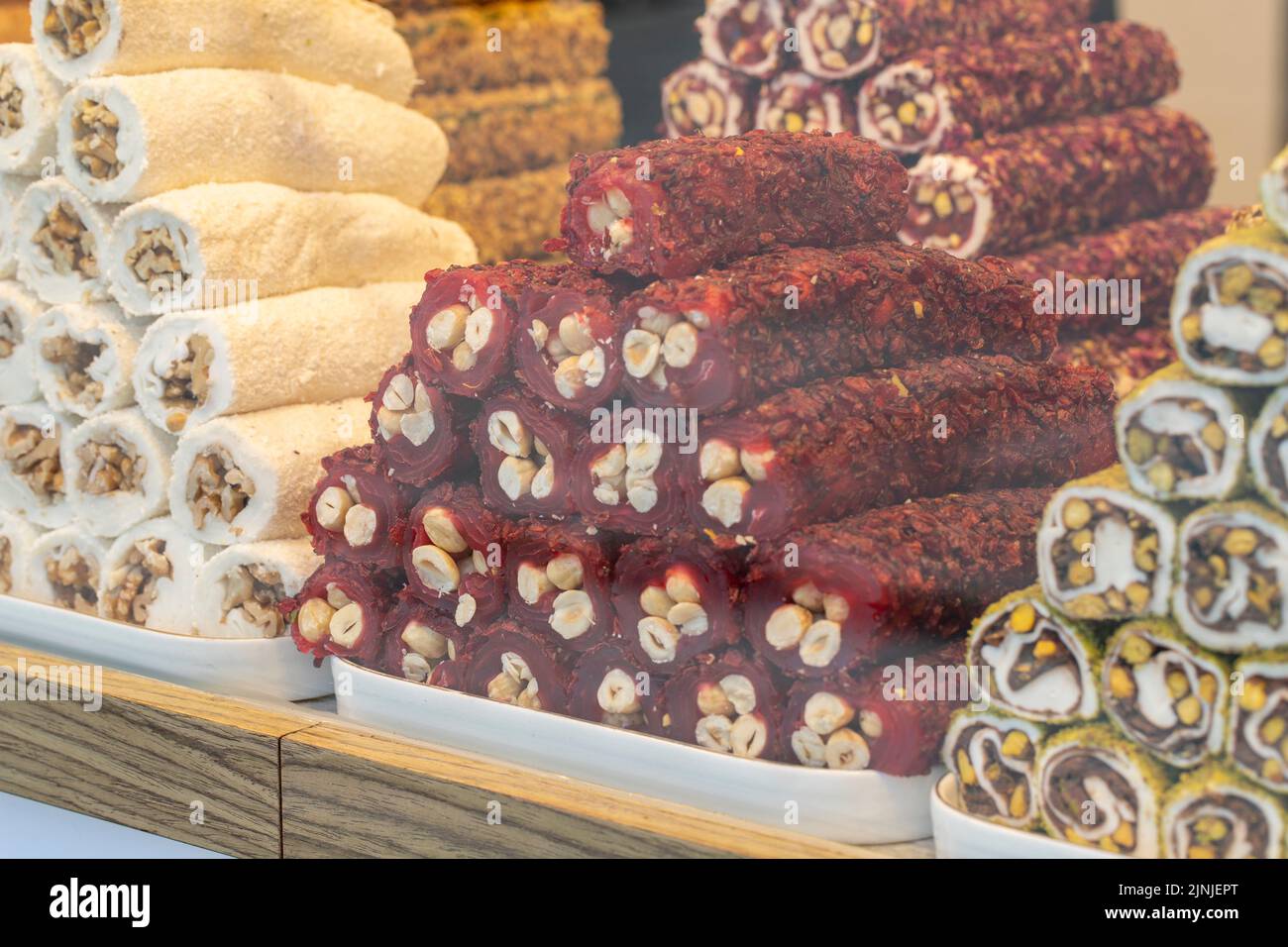 Turkish delight varieties. Turkish delights displayed on the counter ...
