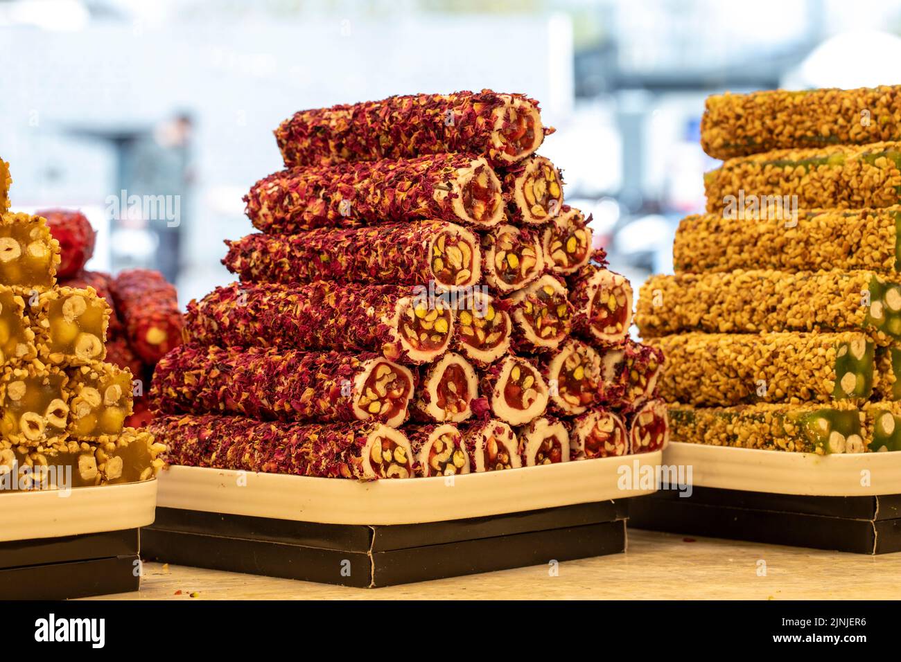 Turkish delight varieties. Turkish delights displayed on the counter ...