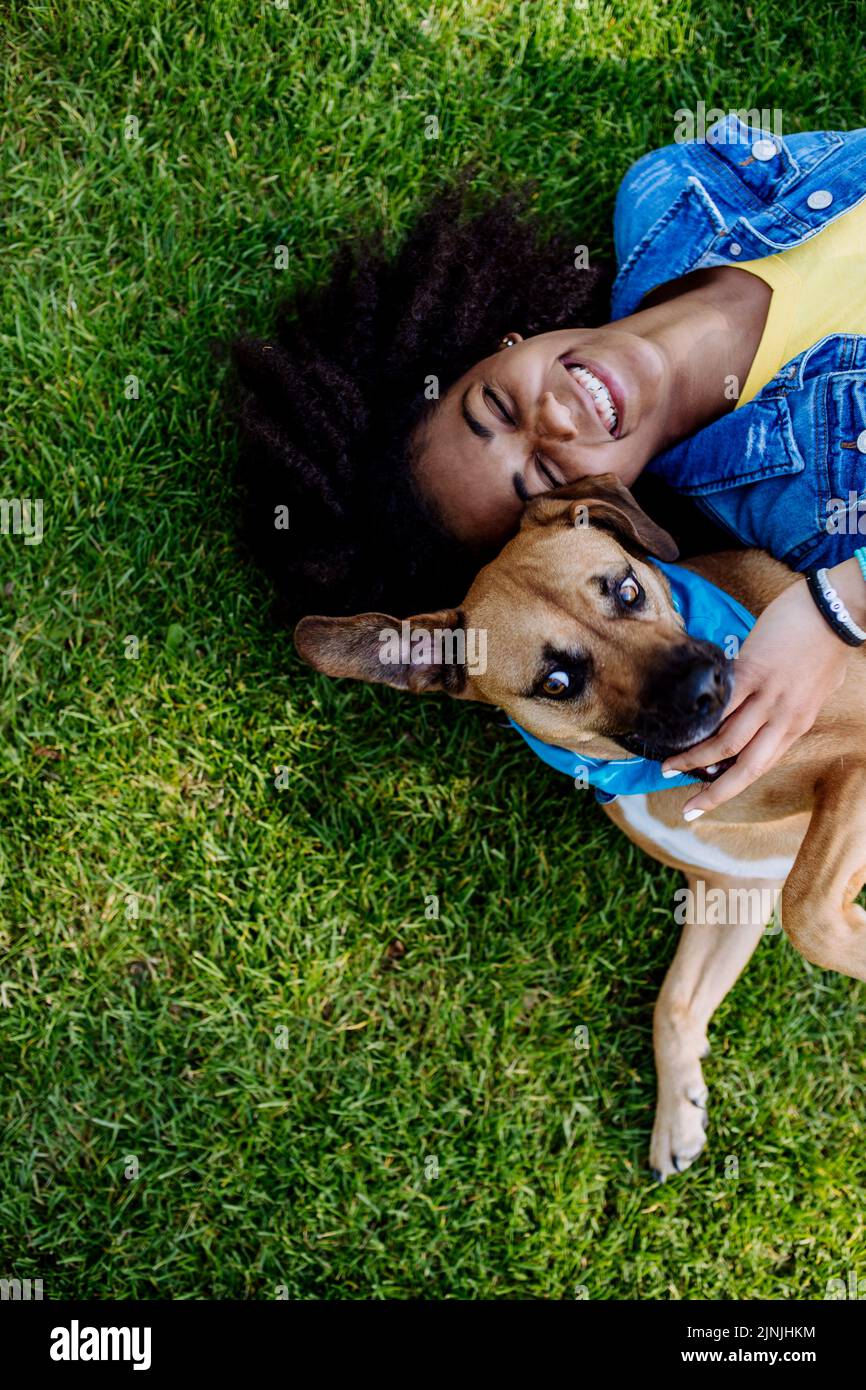 Top view of happy multiracial teenage girl with her dog lying in the ...