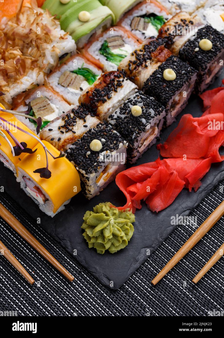 Japanese sushi food. Maki ands rolls with tuna, salmon, shrimp, crab ...