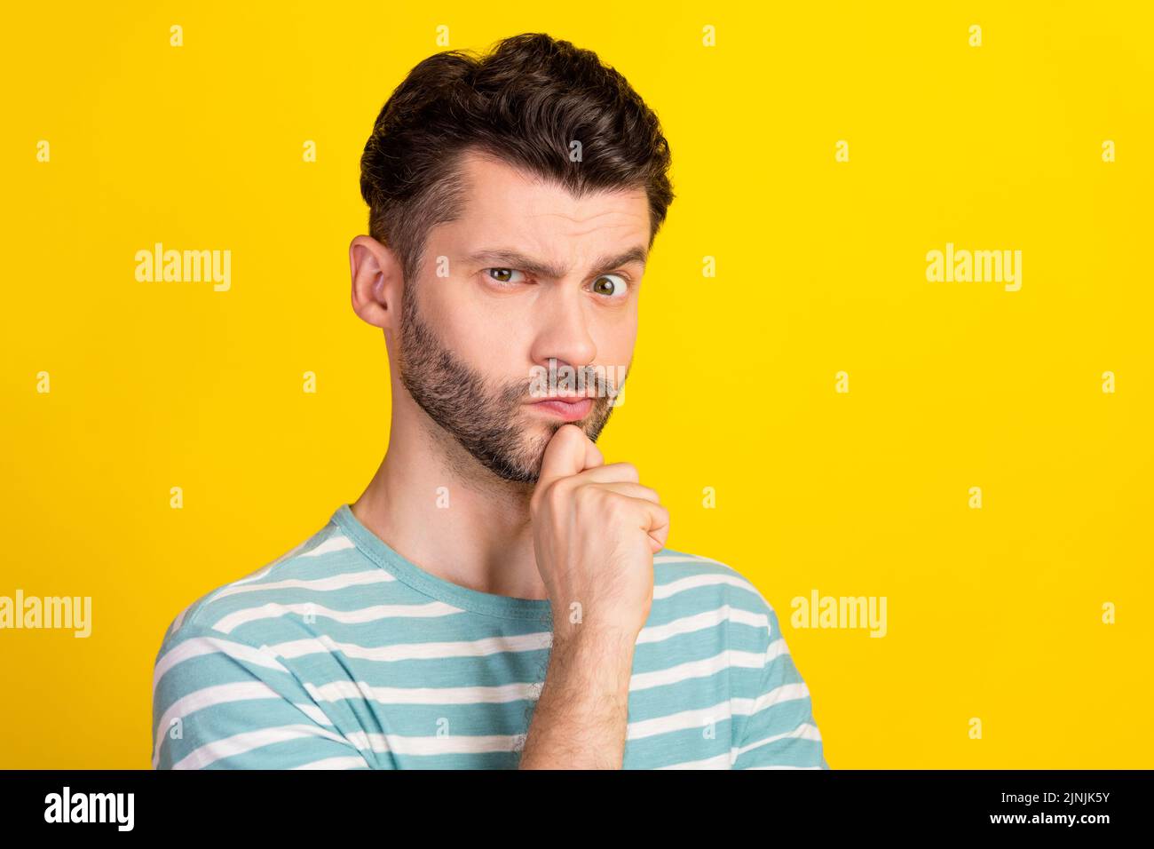 Closeup Photo Of Young Attractive Man Worker Hr Suspicious Looking You