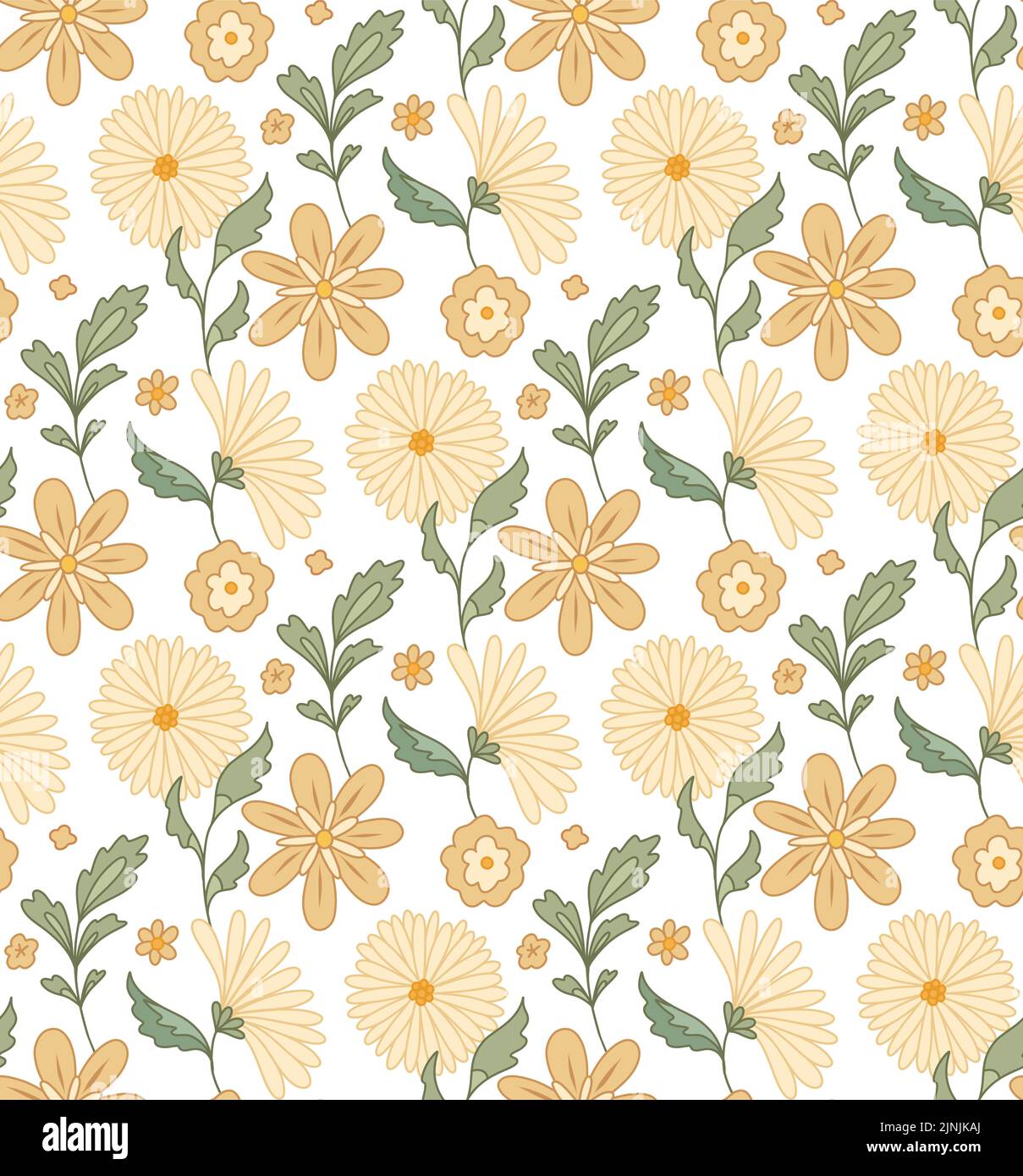 Vector seamless gentle pattern with groovy flowers and stems on white ...