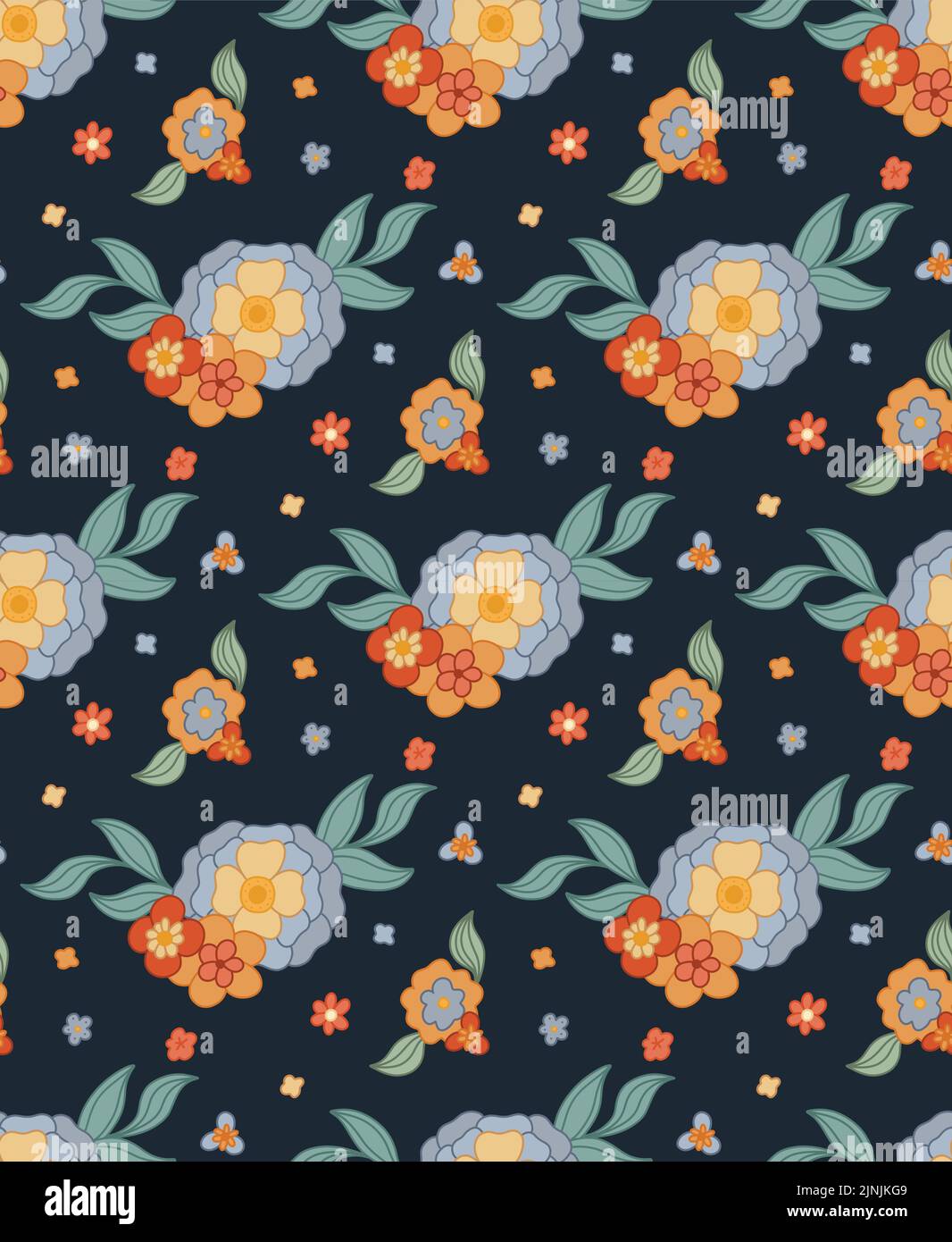 Vector seamless pattern with bouquet of groovy flowers and stems on ...