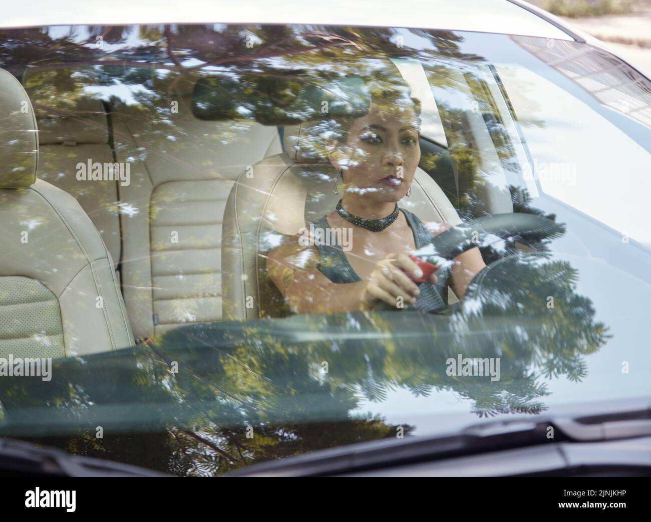 Glamorous pretty young Vietnamese woman driving car Stock Photo - Alamy