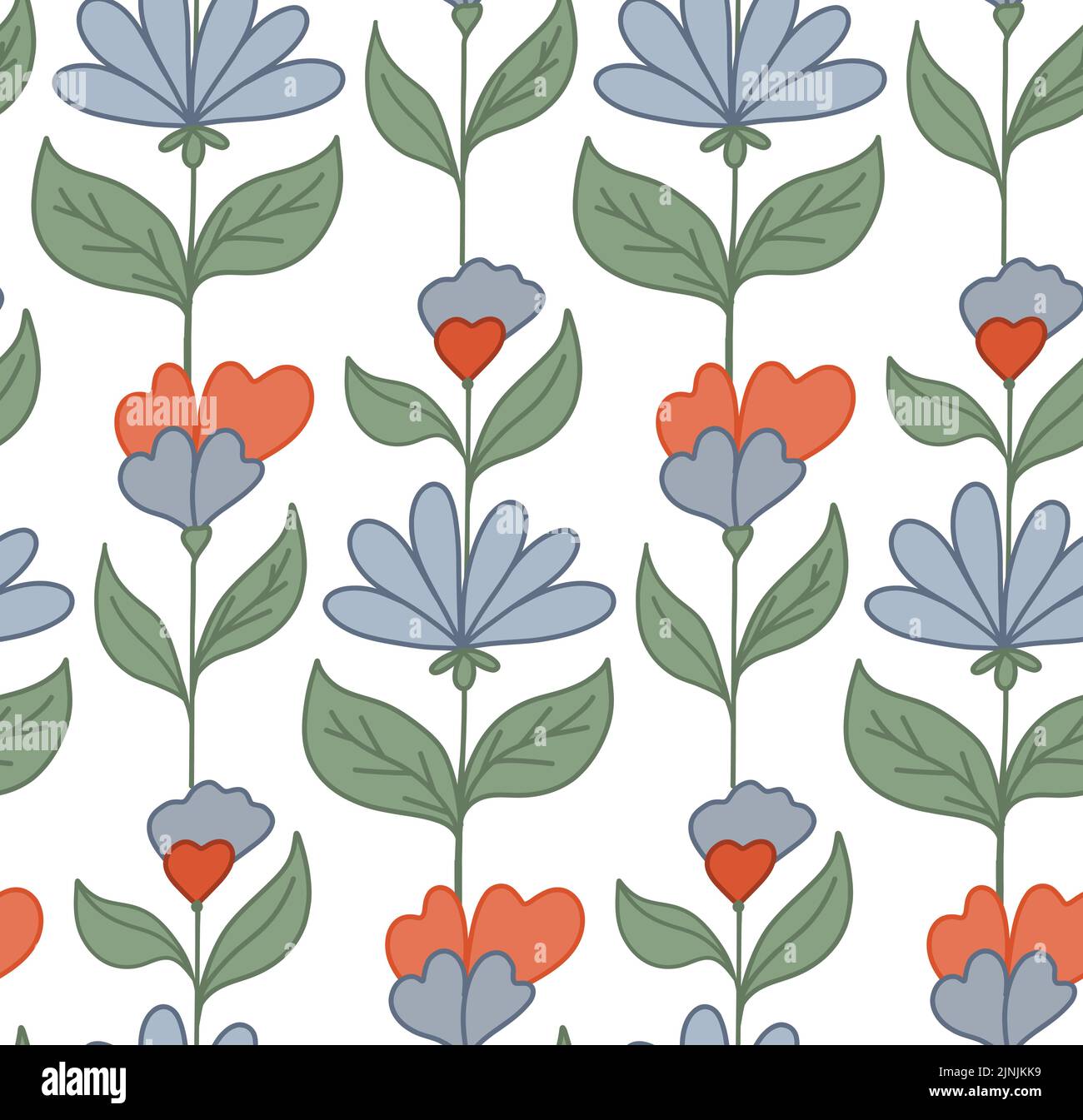 Seamless pattern with blue groovy flowers on stems and foliage on white ...
