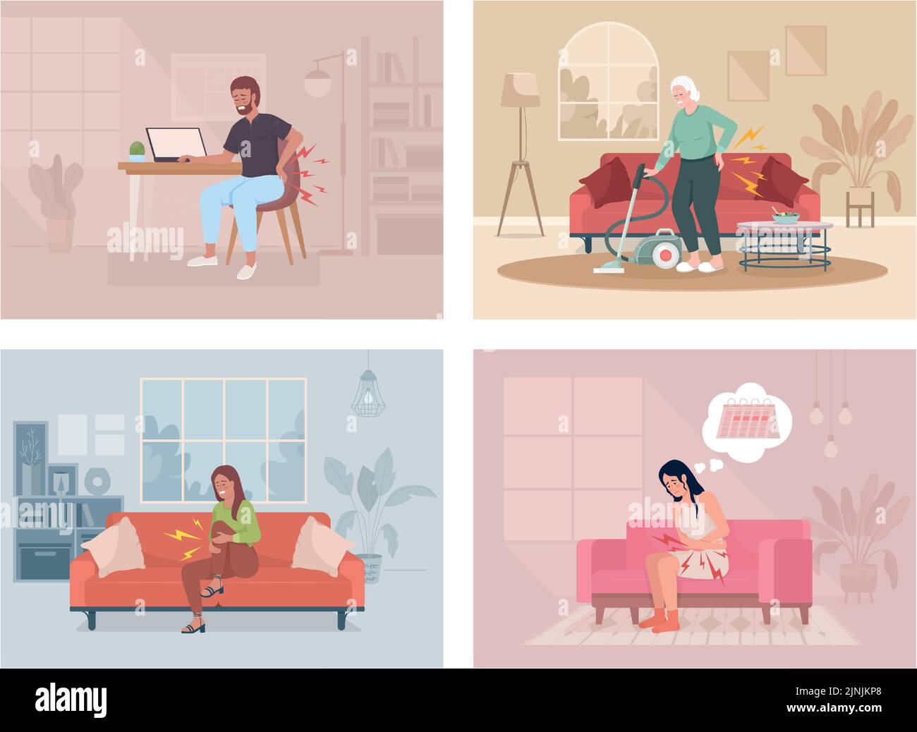 People suffering from different pain flat color vector illustrations ...