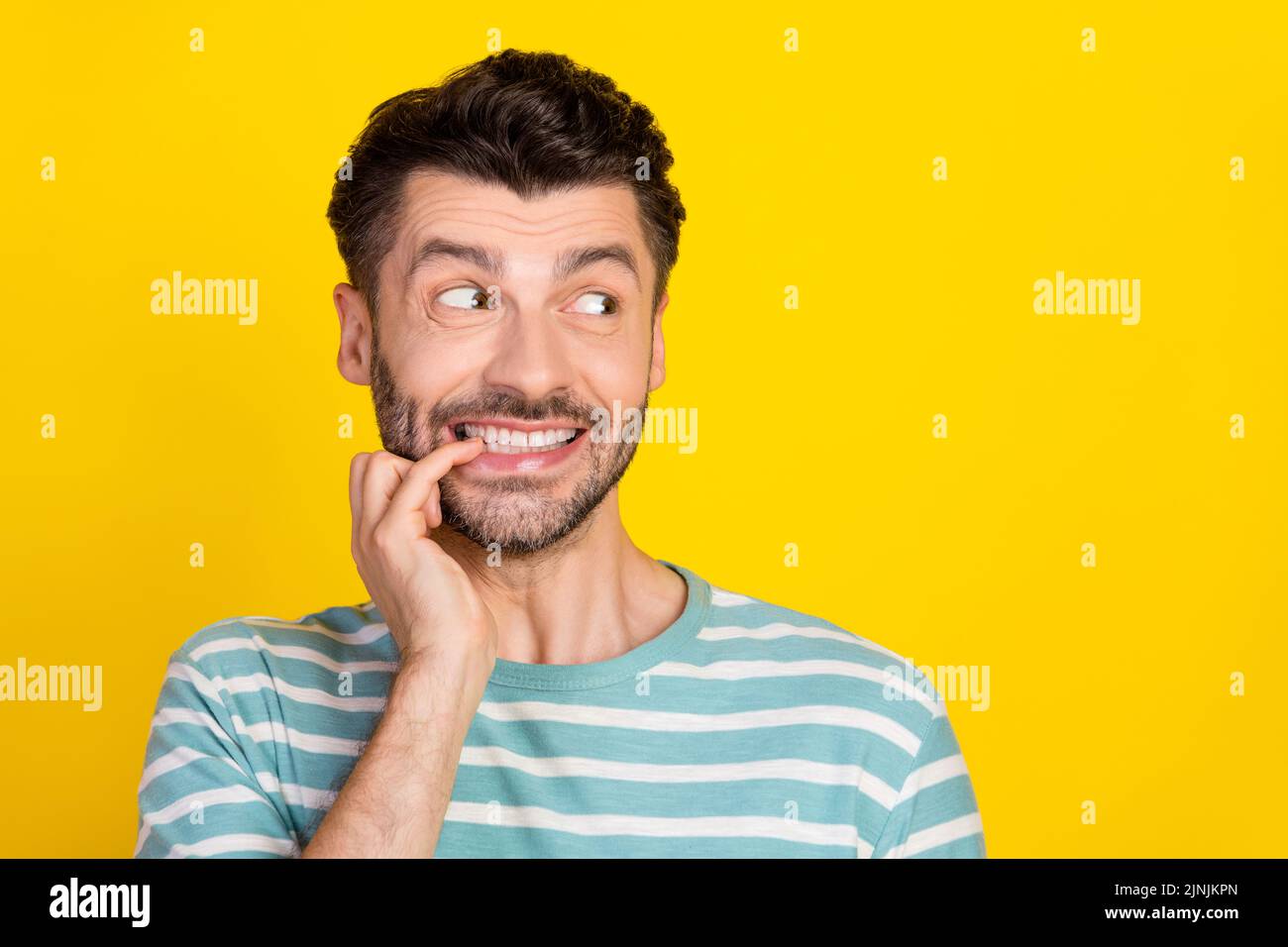 Closeup photo of young handsome man look empty space nervous about test ...