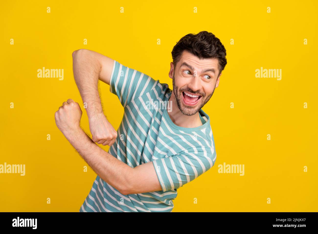 Photo of young handsome funny smiling man look for new adventures laugh ...