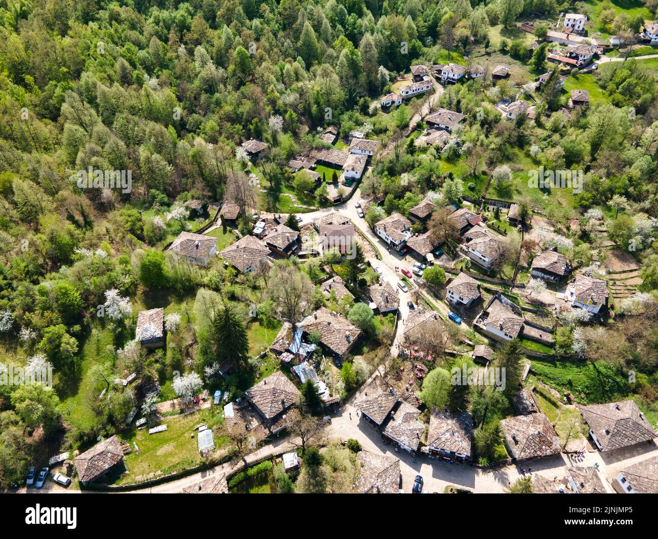 Aerial Spring view of village of Bozhentsi, Gabrovo region, Bulgaria ...