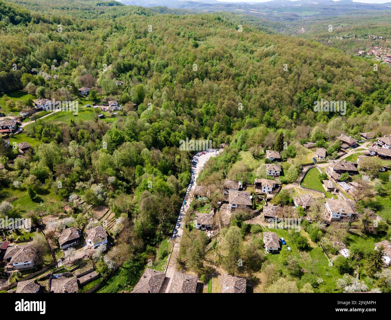 Aerial Spring view of village of Bozhentsi, Gabrovo region, Bulgaria ...