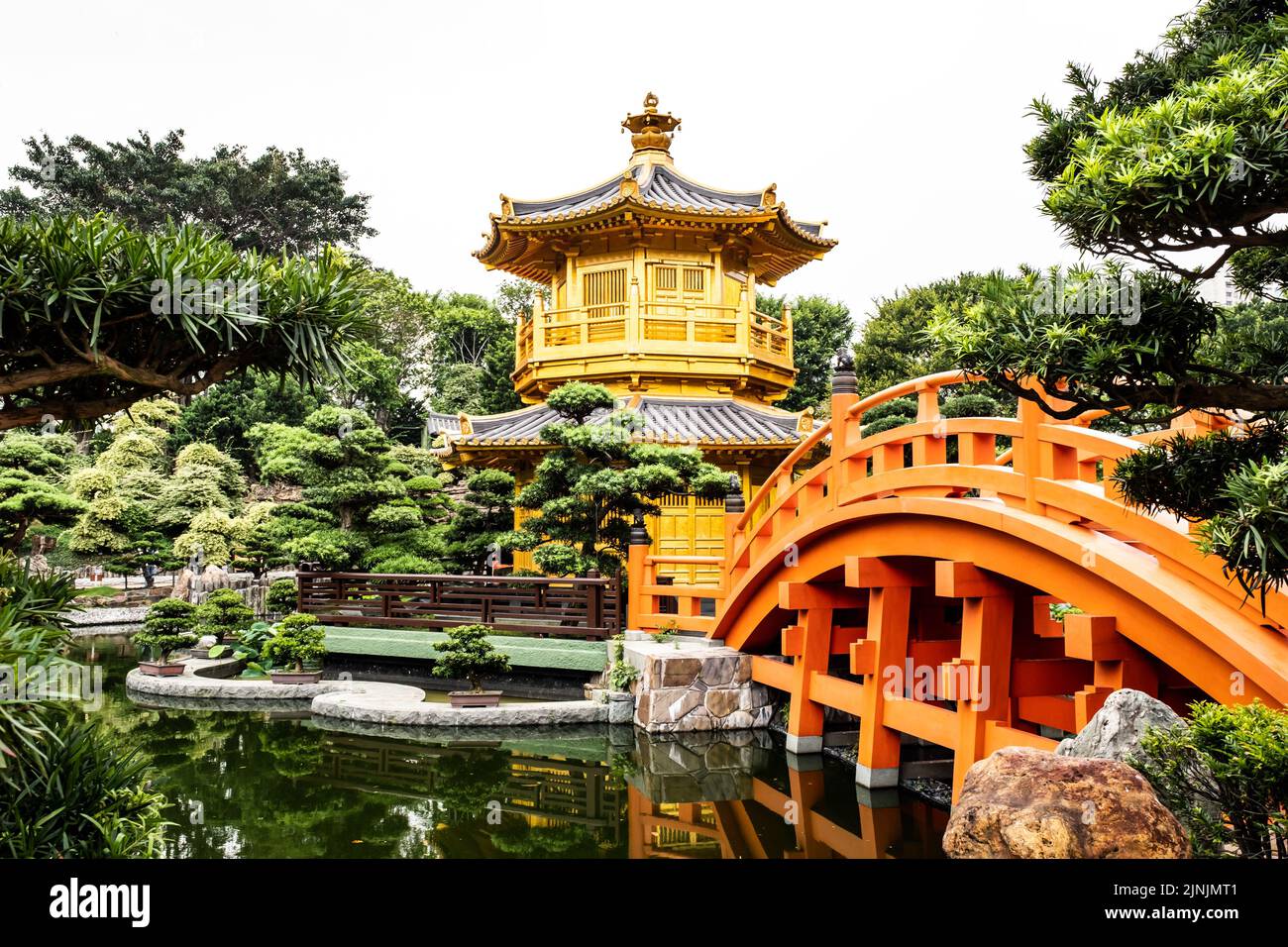 The orange bridge and the Pavillion of Perfection at Nan Lain Gardens ...