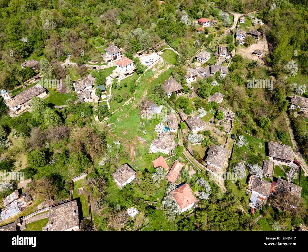 Aerial Spring view of village of Bozhentsi, Gabrovo region, Bulgaria ...