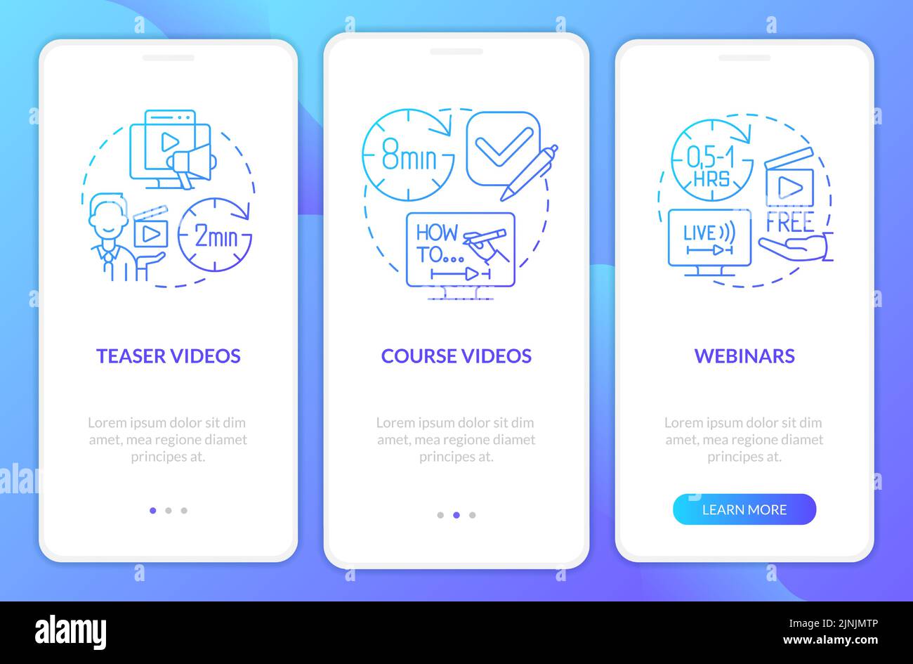Online tutorials types blue gradient onboarding mobile app screen Stock ...