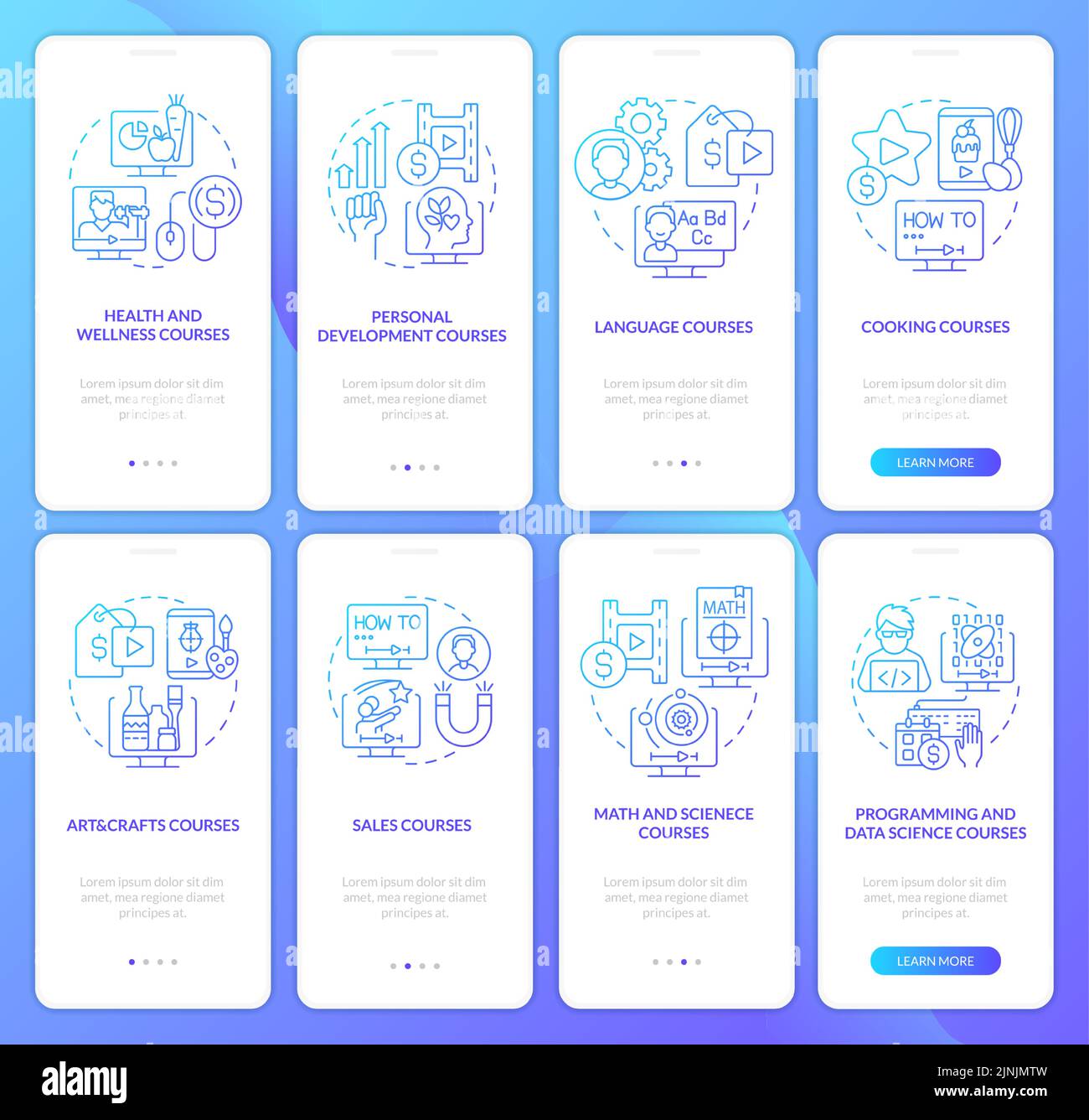 Online education fields blue gradient onboarding mobile app screen set ...
