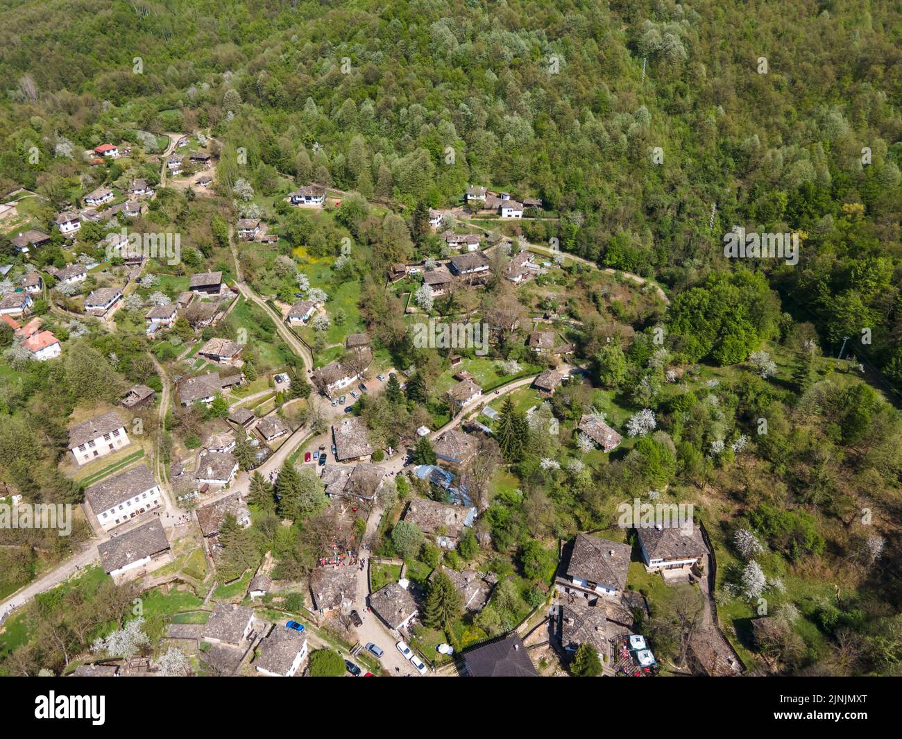 Aerial Spring view of village of Bozhentsi, Gabrovo region, Bulgaria ...