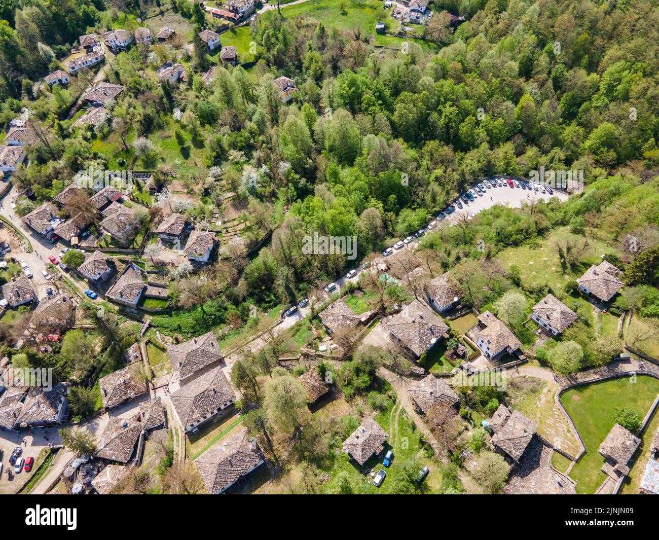 Aerial Spring view of village of Bozhentsi, Gabrovo region, Bulgaria ...