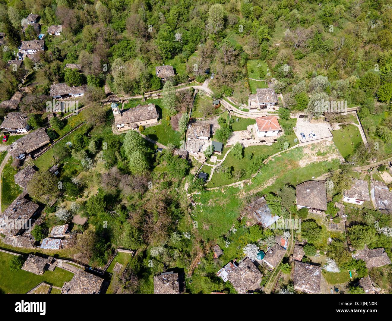 Aerial Spring view of village of Bozhentsi, Gabrovo region, Bulgaria ...