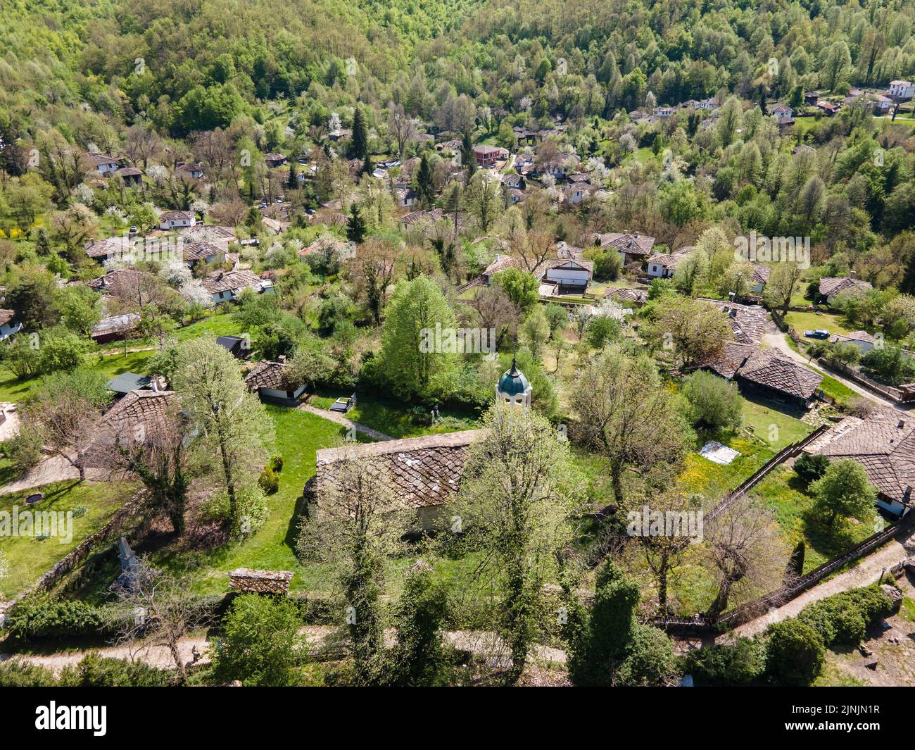 Aerial Spring view of village of Bozhentsi, Gabrovo region, Bulgaria ...