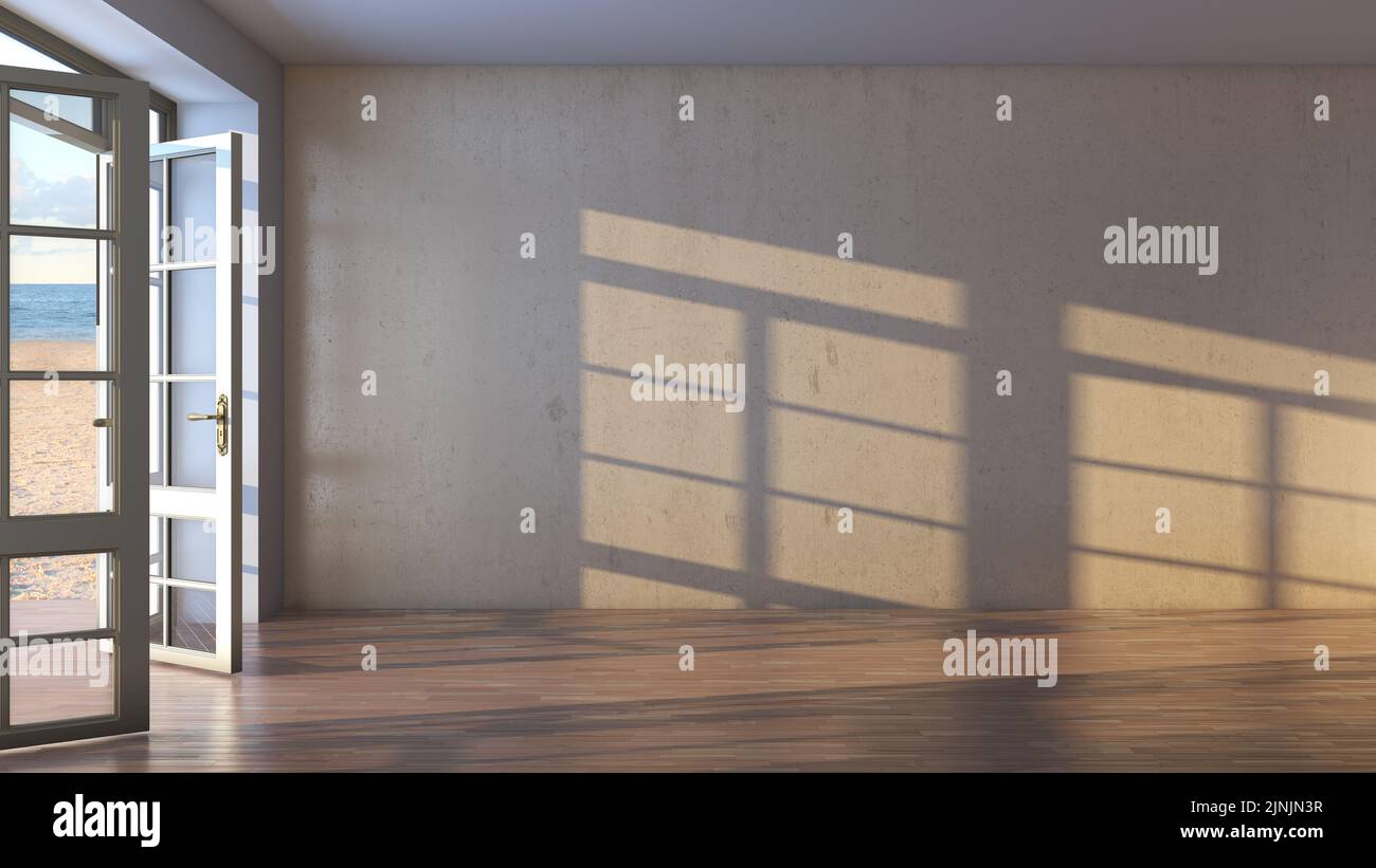 Empty Hotel Room with Open Doors Overlooking the Beach, Yellow Sand and ...