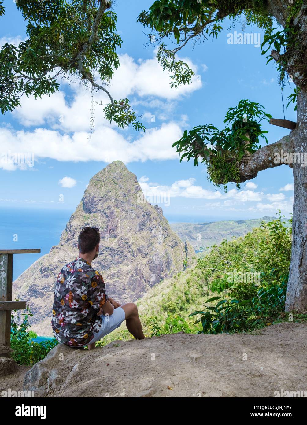 Men hiking in the mountains of Saint Lucia Caribbean, nature trail in ...