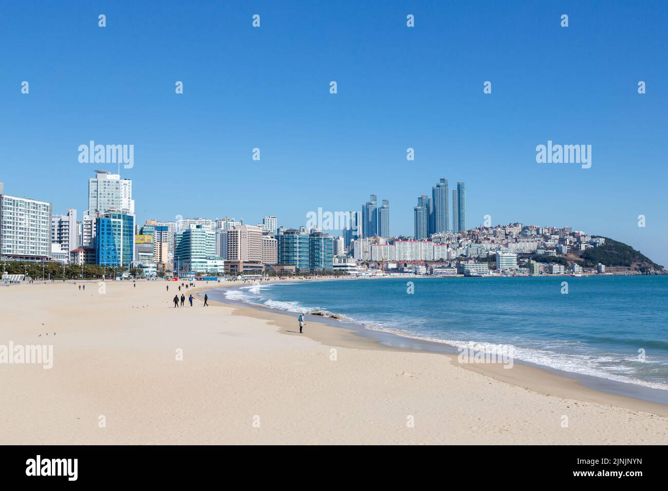 A view of the sandy Haeundae Beach with visitors in Busan, South Korea ...
