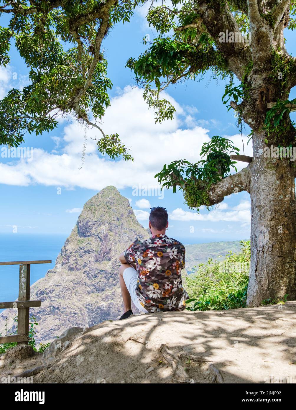Men hiking in the mountains of Saint Lucia Caribbean, nature trail in ...