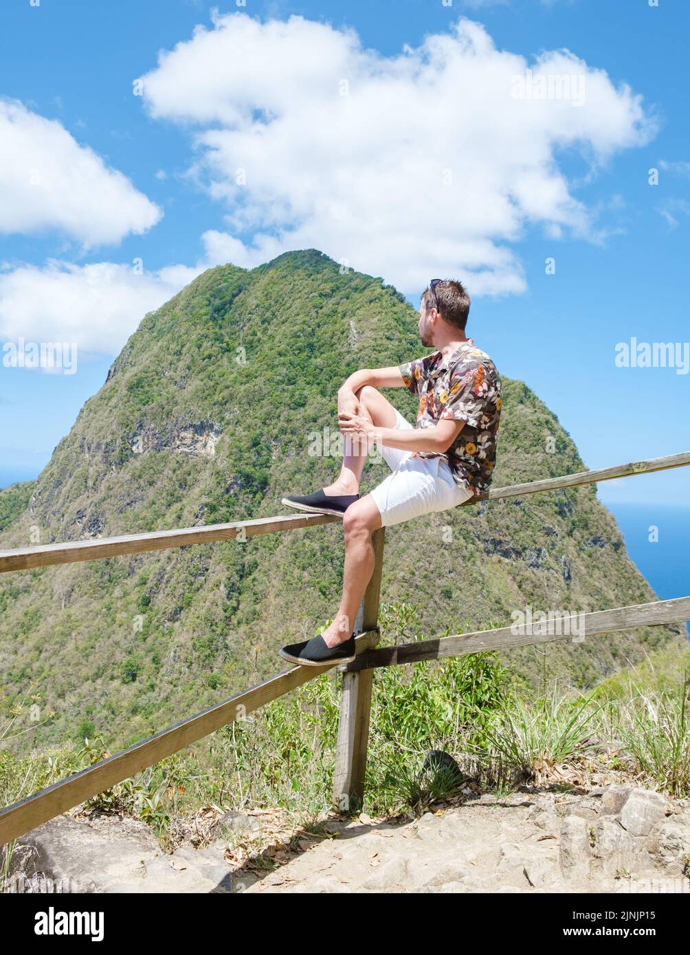 Men hiking in the mountains of Saint Lucia Caribbean, nature trail in ...