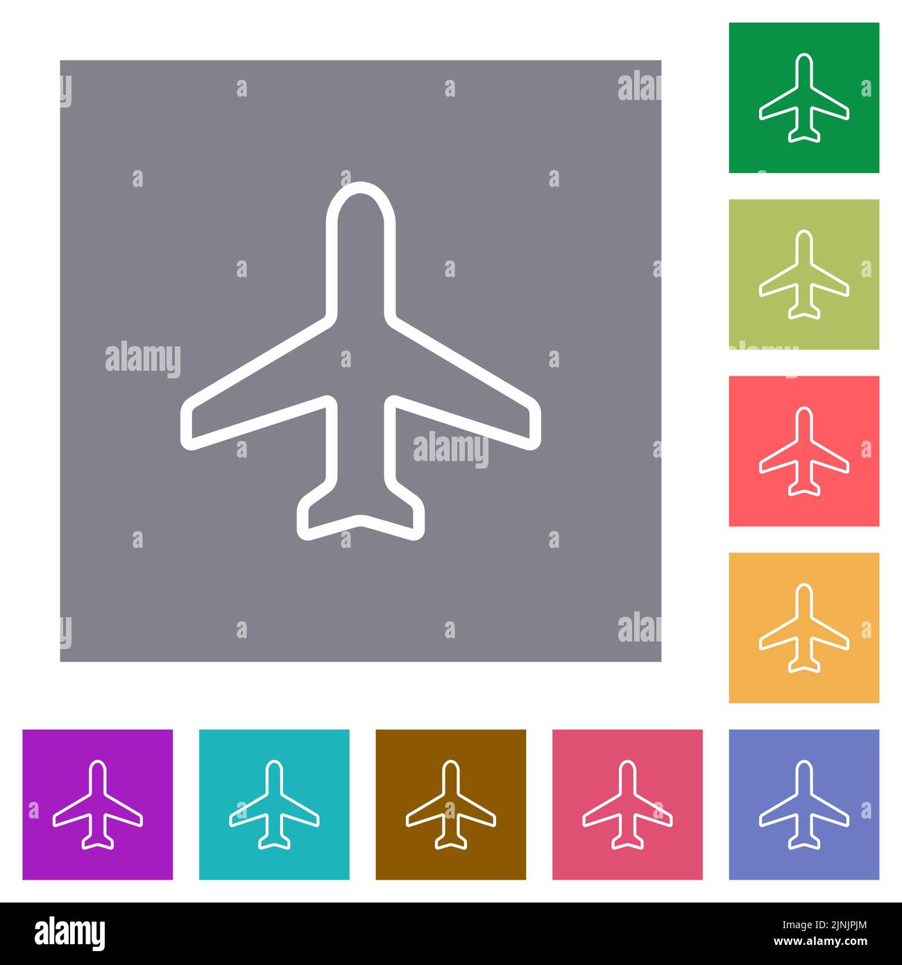 Airplane top view outline flat icons on simple color square backgrounds ...