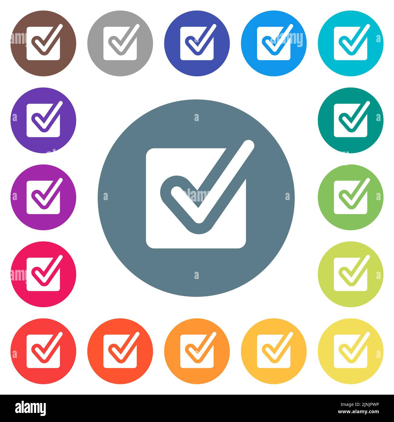 Checked box solid flat white icons on round color backgrounds. 17 ...