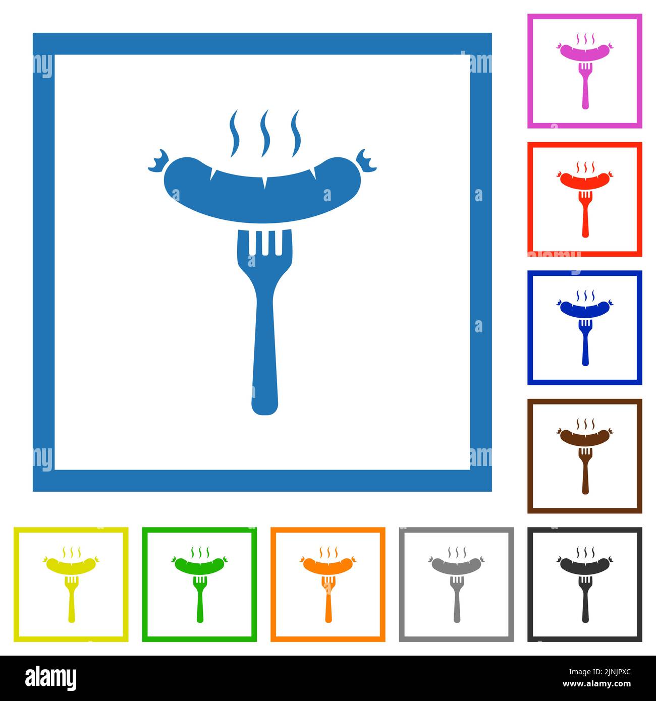 Grilled sausage on fork solid flat color icons in square frames on ...
