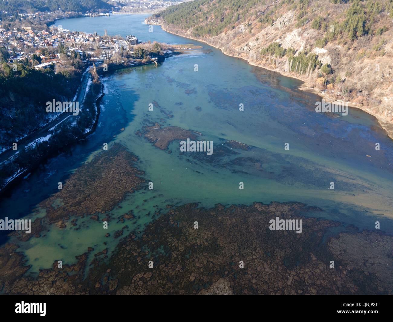 Aerial winter view of Pancharevo lake, Sofia city Region, Bulgaria ...