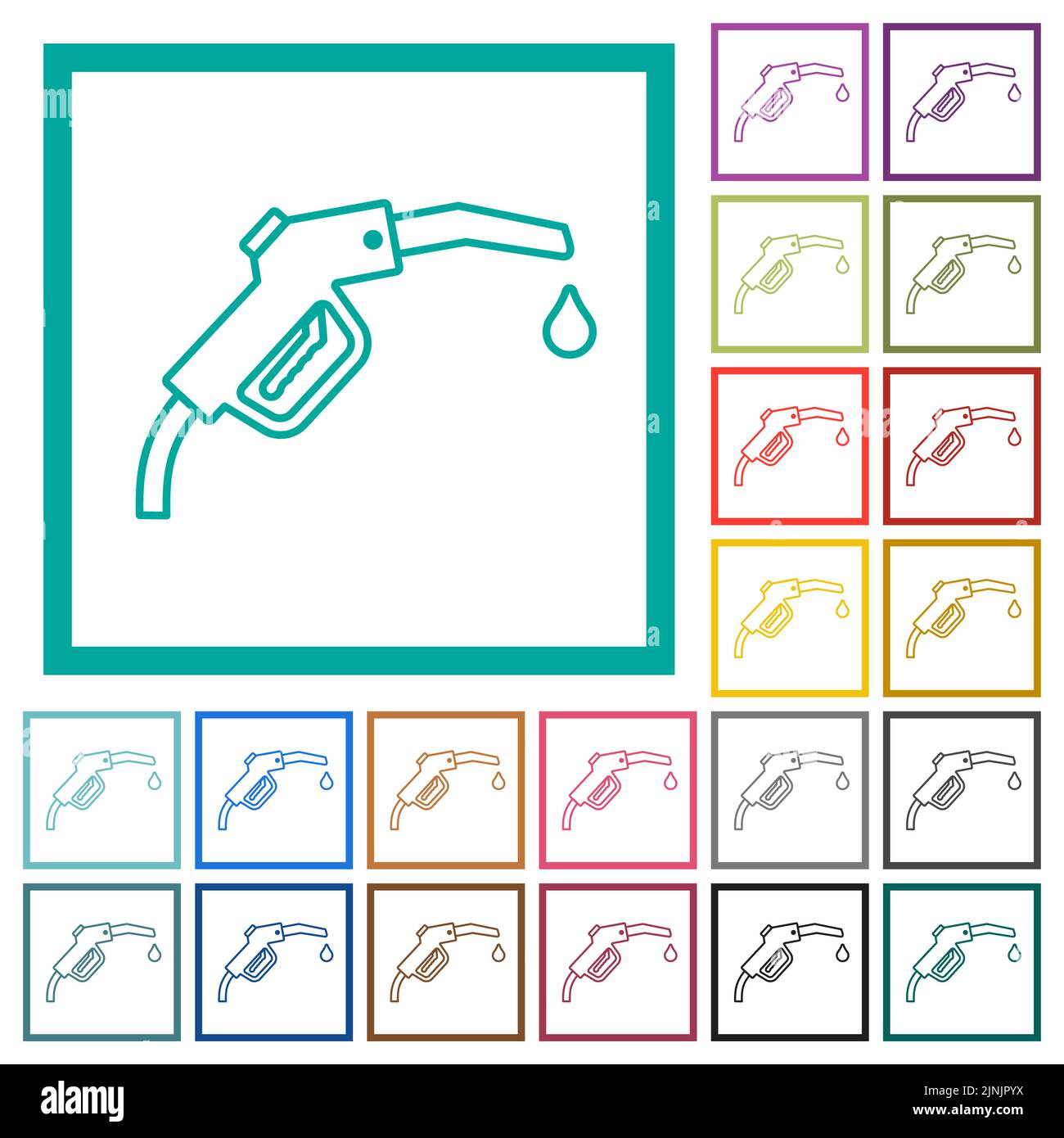 Gasoline pump fuel nozzle outline flat color icons with quadrant frames ...