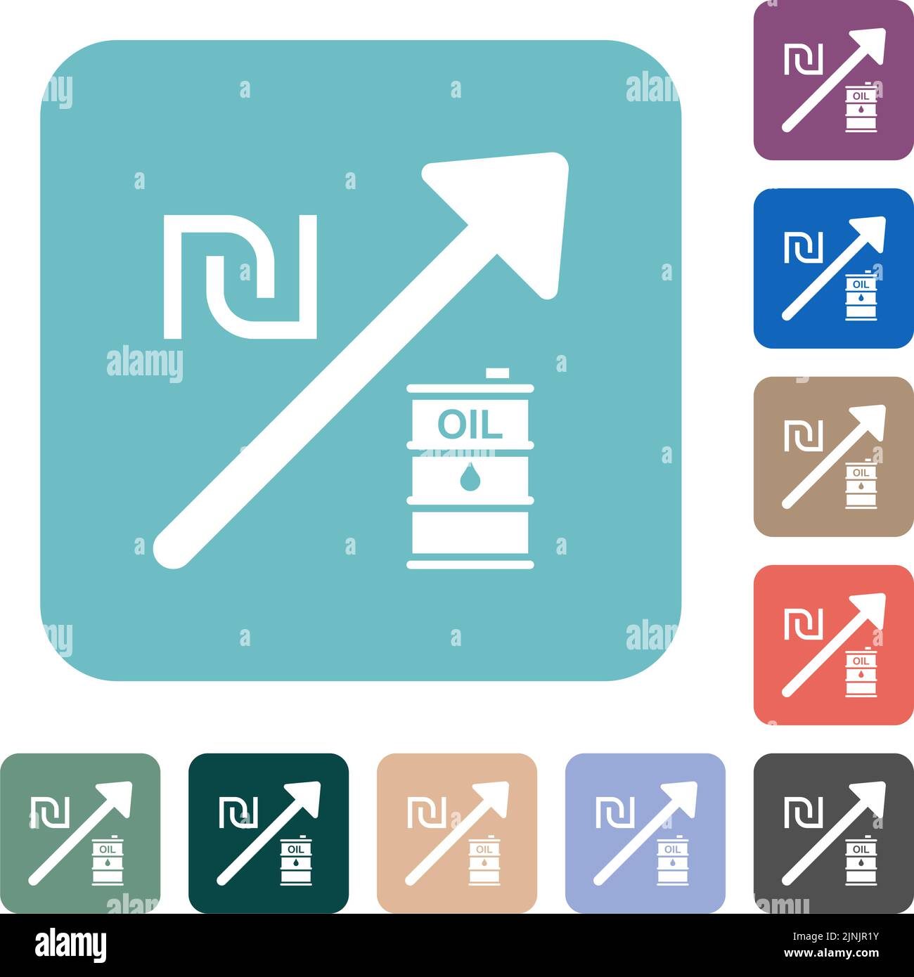 Rising oil energy israeli New Shekel prices white flat icons on color ...