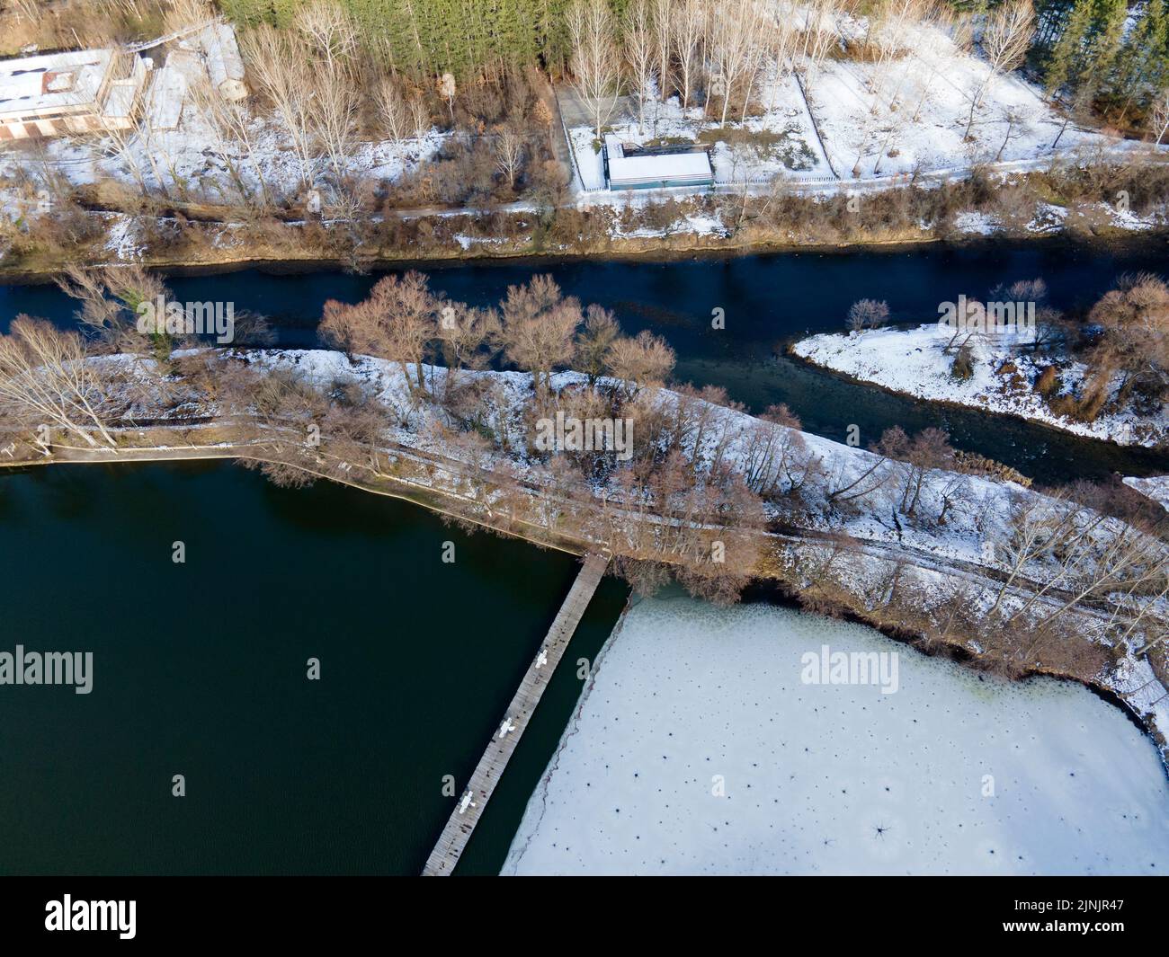 Aerial winter view of Pancharevo lake, Sofia city Region, Bulgaria ...