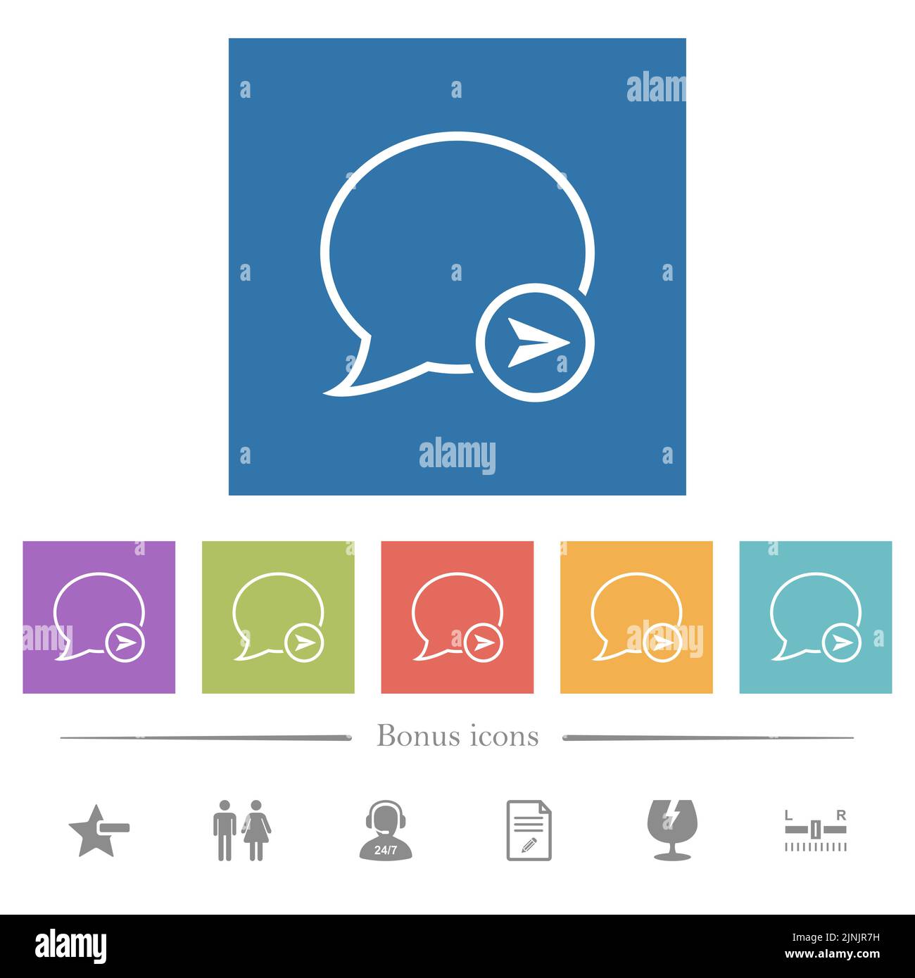 Send message outline flat white icons in square backgrounds. 6 bonus ...