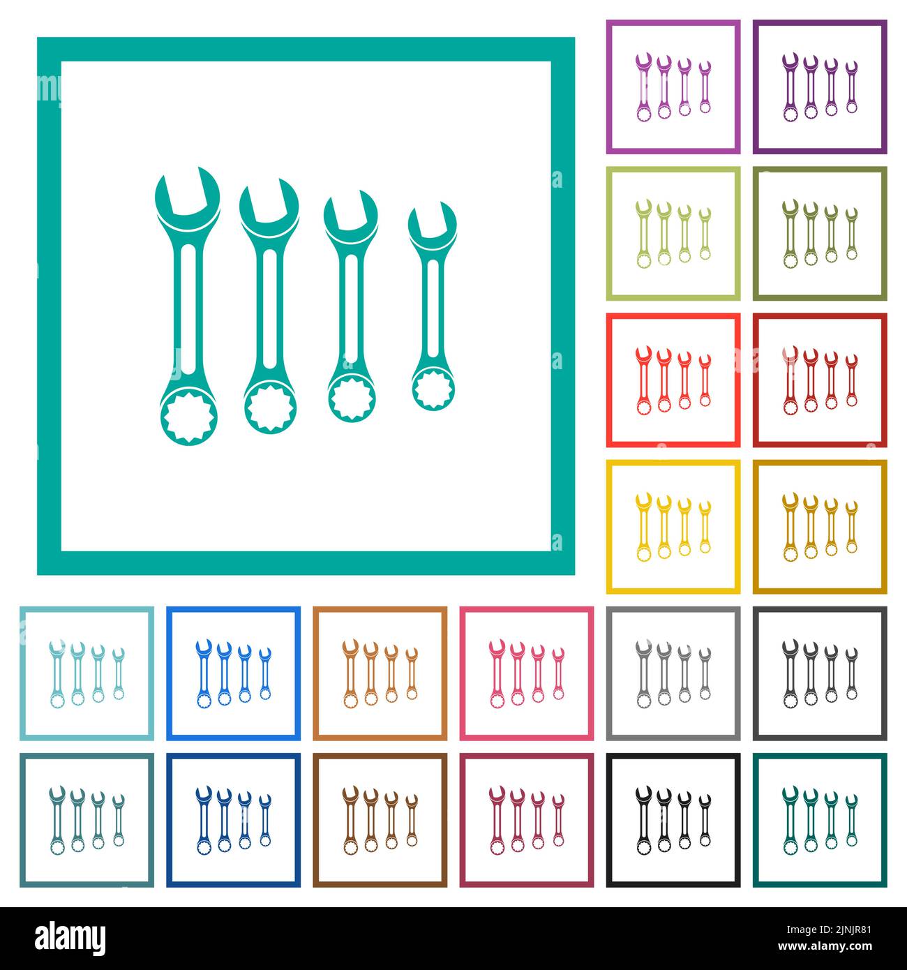 Set of wrenches flat color icons with quadrant frames on white ...