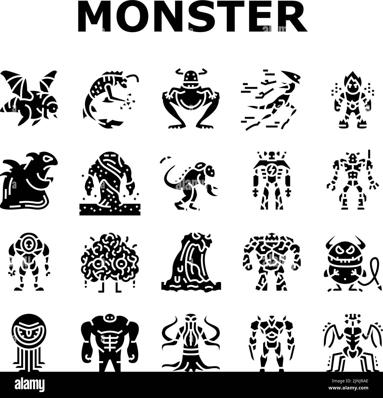 Monster Scary Fantasy Characters Icons Set Vector Stock Vector Image ...