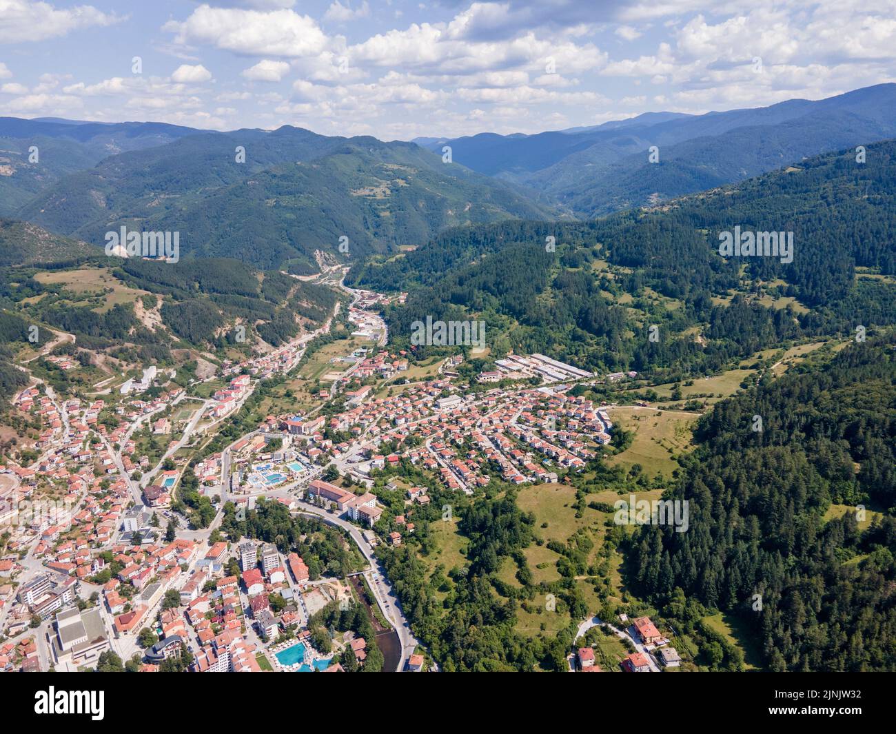 Aerial view of famous spa resort town of Devin, Smolyan region ...