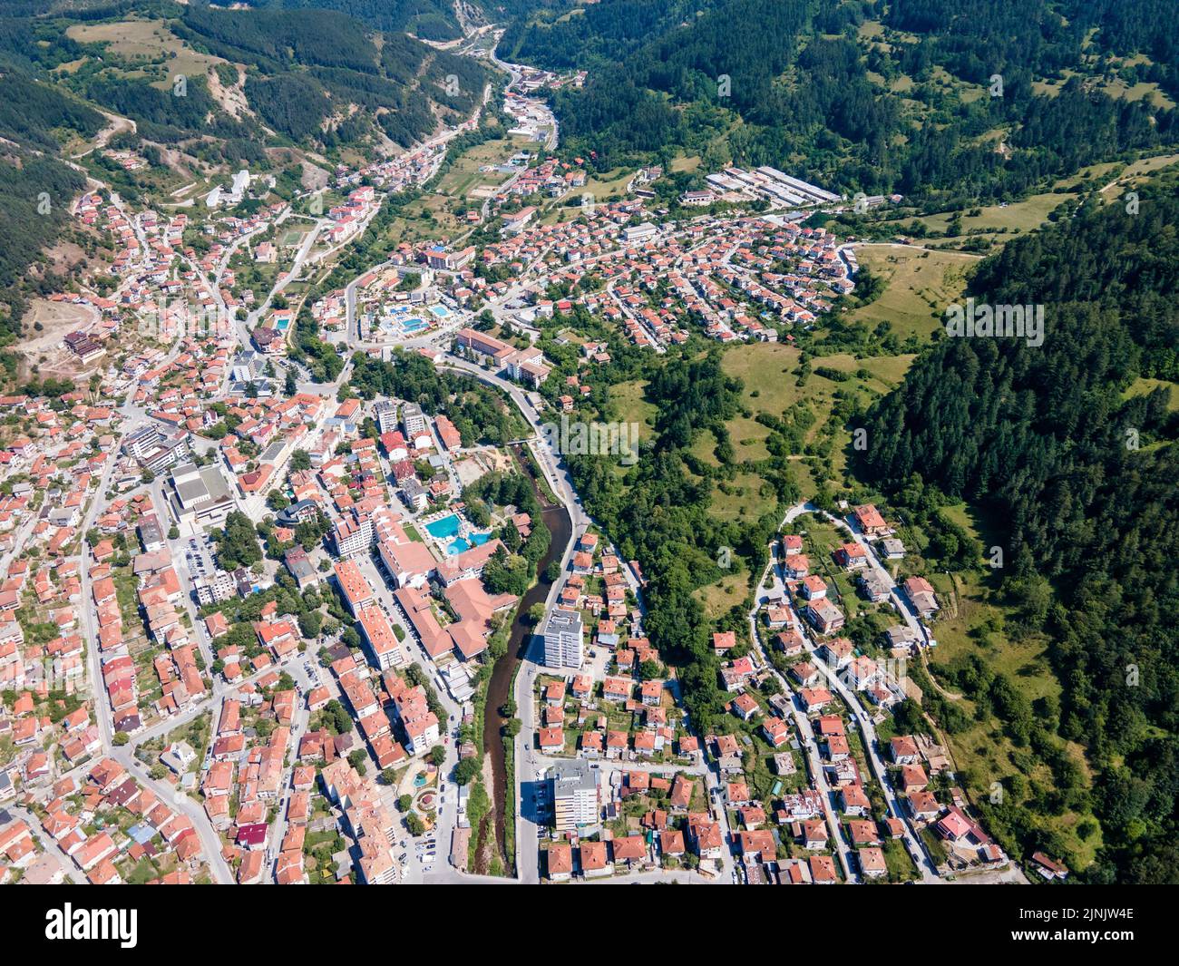 Aerial view of famous spa resort town of Devin, Smolyan region ...