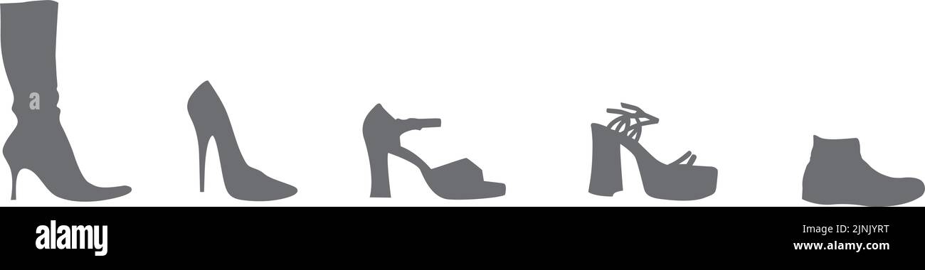 A silhouette of a collection of women's shoes isolated on the white ...