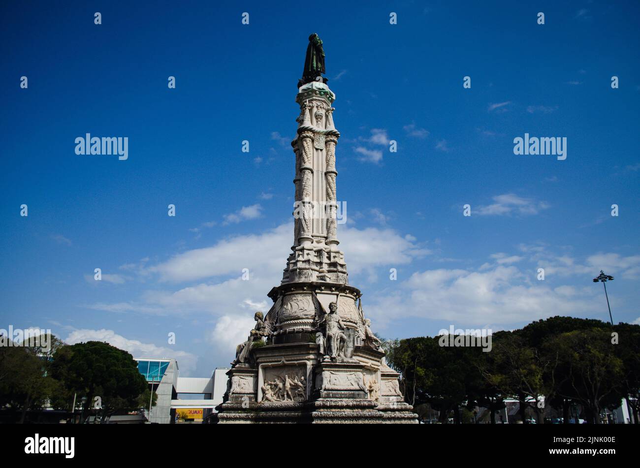 The Albuquerque monument under the blue sky at sunlight in Lisbon ...
