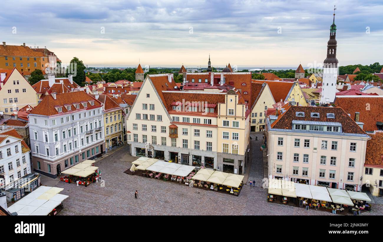 Tallinn's main square, aerial view of the medieval buildings with their ...