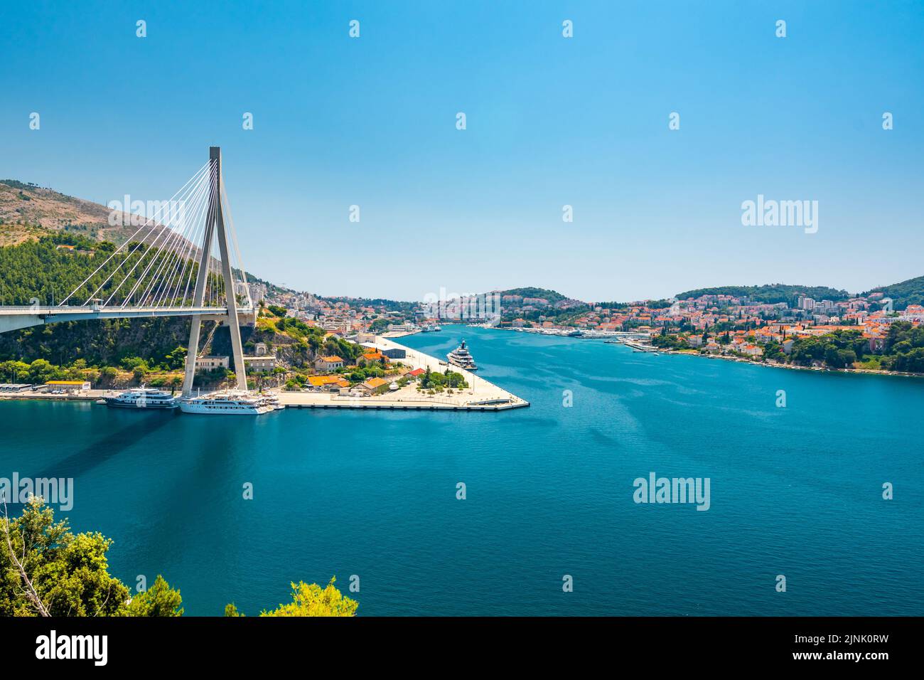 Panoramic view of the new harbor at Dubrovnik city, Croatia. View with ...