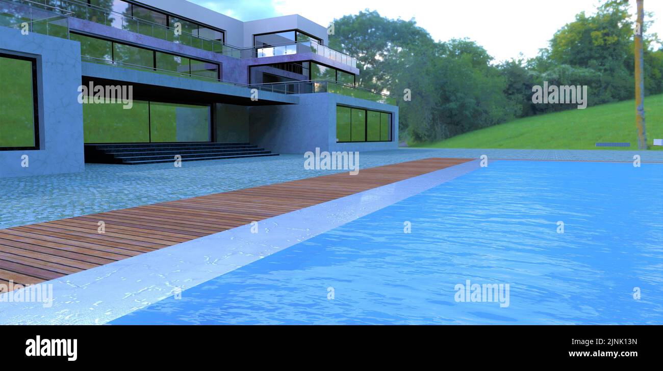 Pool with blue water near the new villa. Bordering white marble. Terrace board. Paving stones ...
