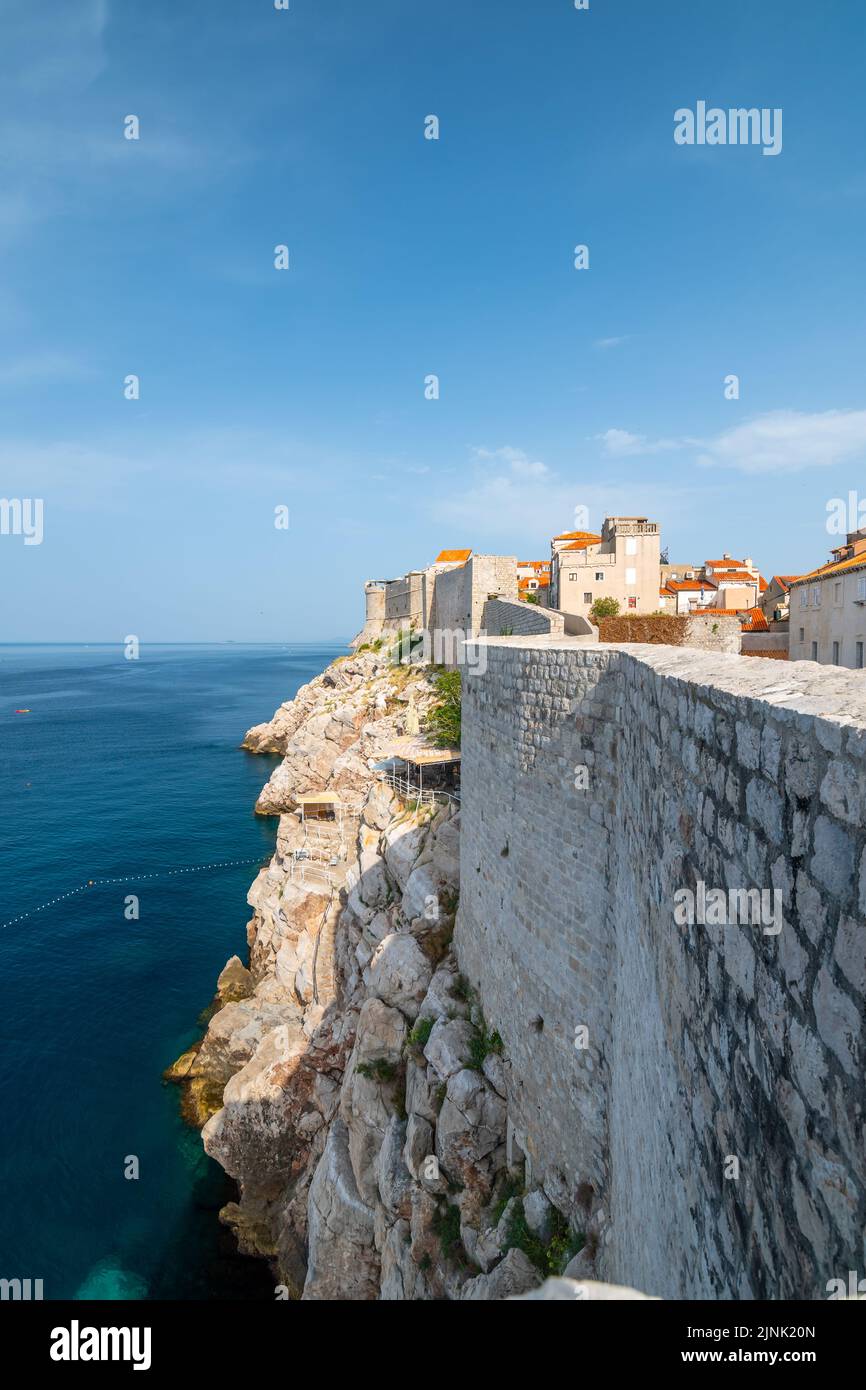 Old city Dubrovnik, Croatia.View of historic city wall above the cliff ...