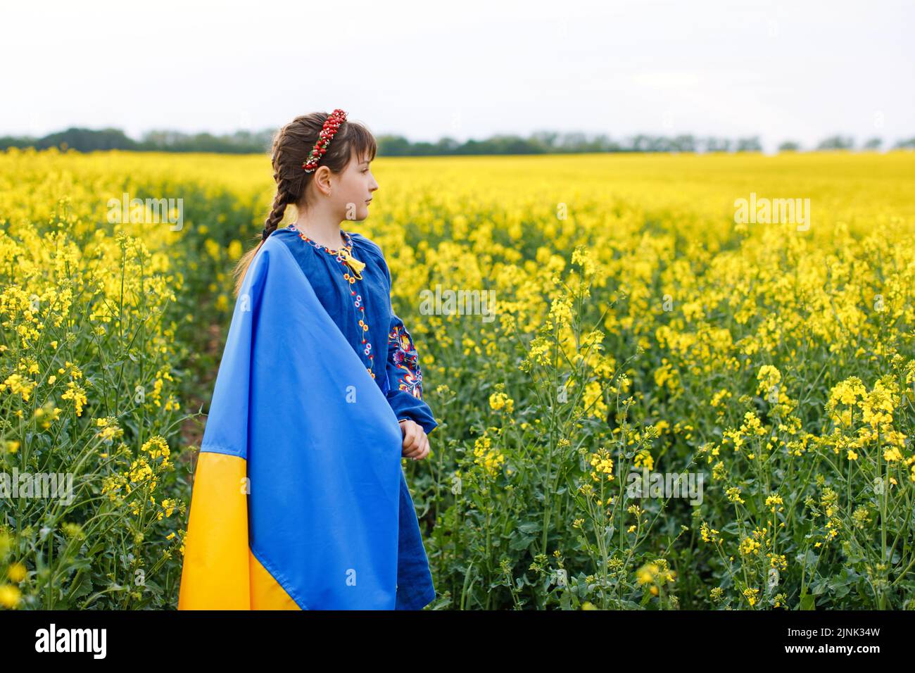 Pray for Ukraine. Child with Ukrainian flag in rapeseed field. Girl ...