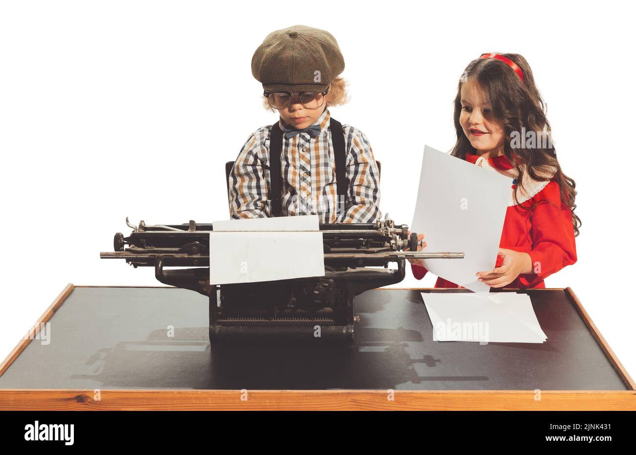 Cute happy kid isolated on white studio background. Retro vintage style ...