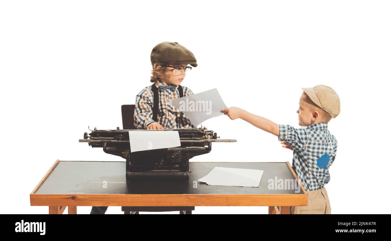 Cute happy kid isolated on white studio background. Retro vintage style ...