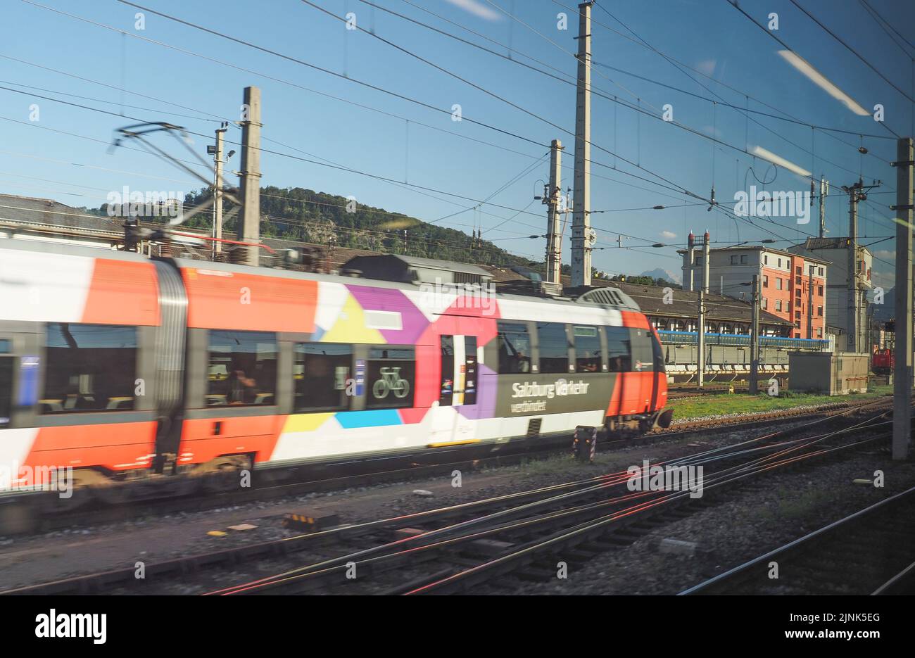 High-speed train of the Austrian Railways arrives at the station Stock ...