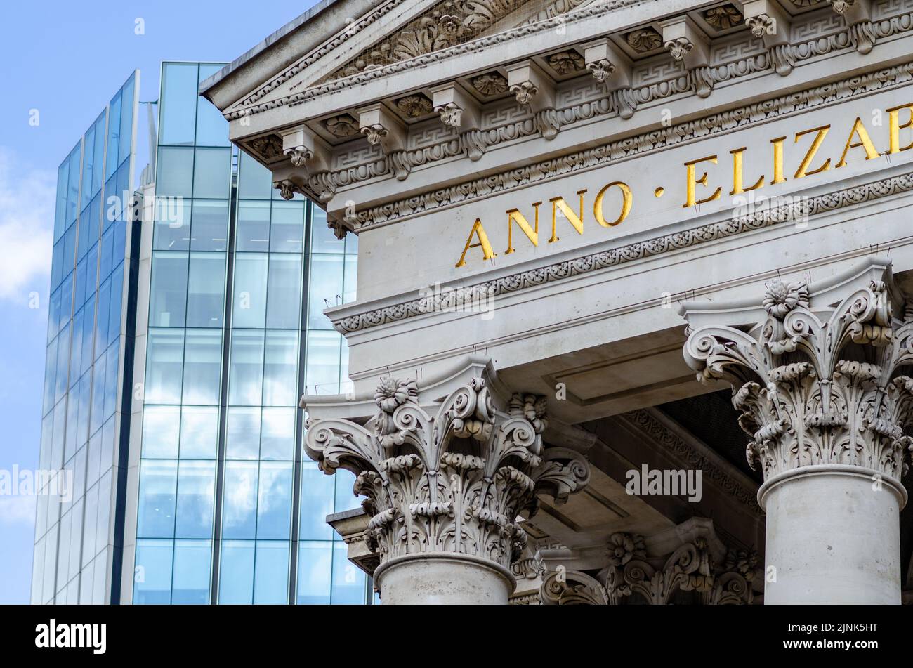 London, England: facade of Royal Exchange, inscription: "founded in the ...